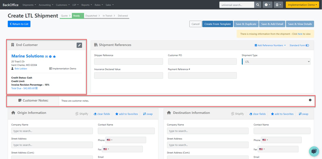 Create a Shipment - Standard Form