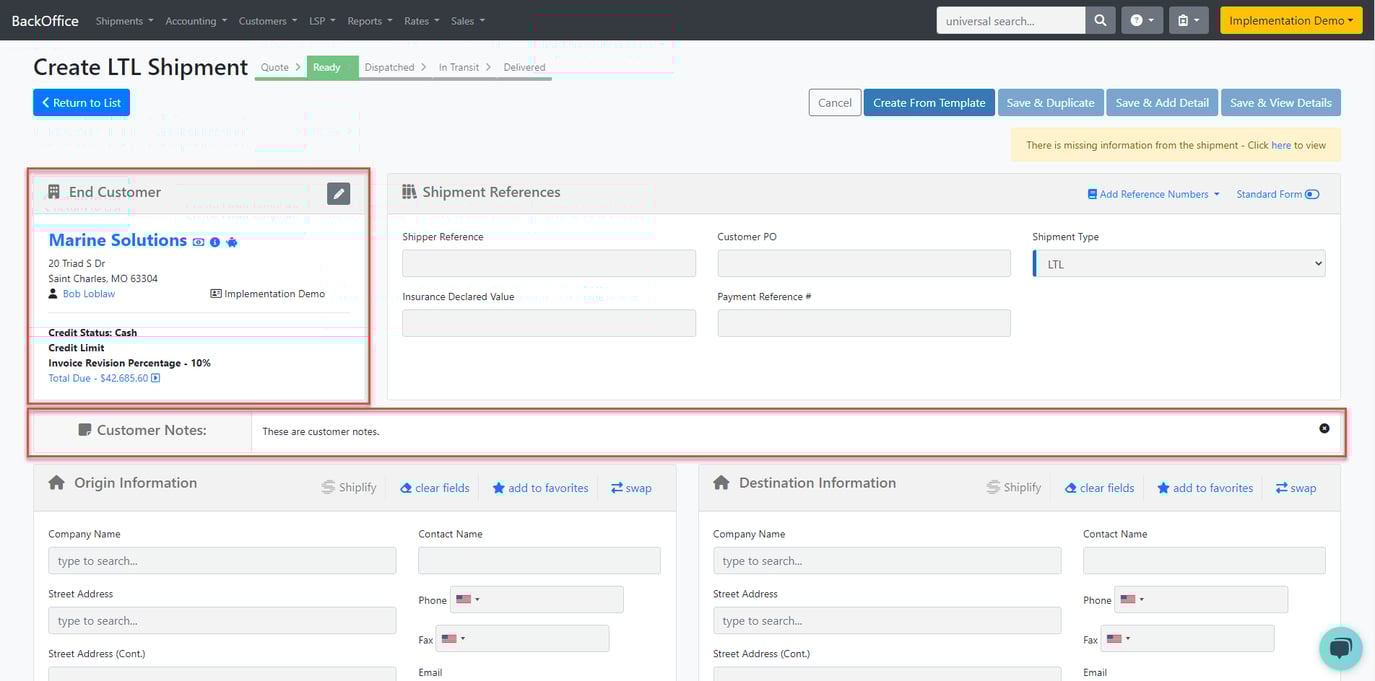 Create a Shipment - Standard Form