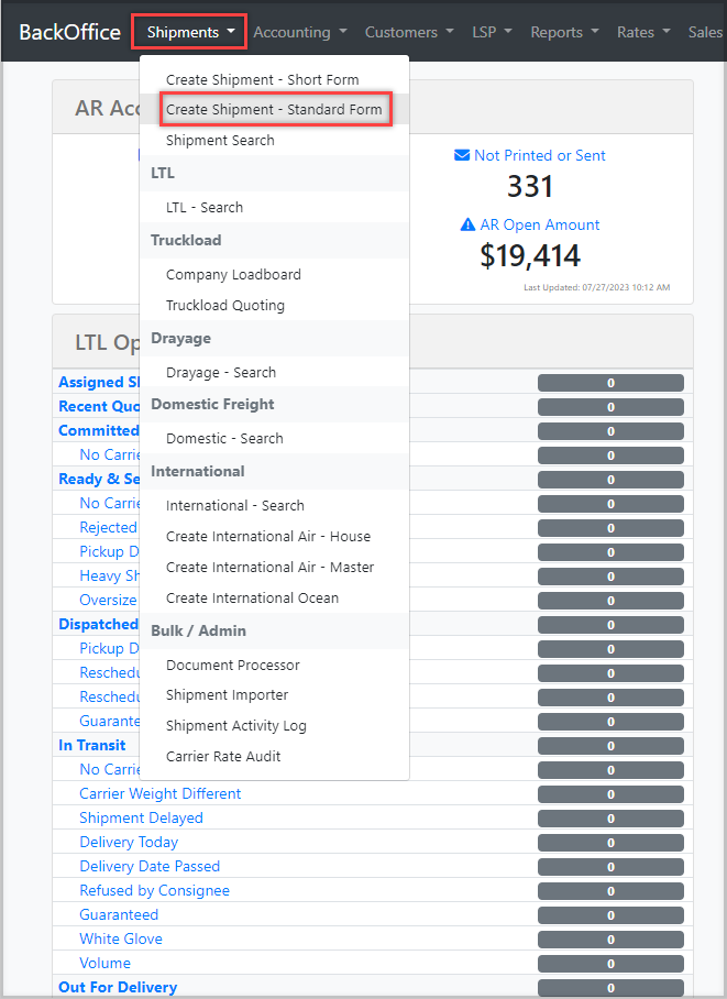 Create a Shipment - Short Form